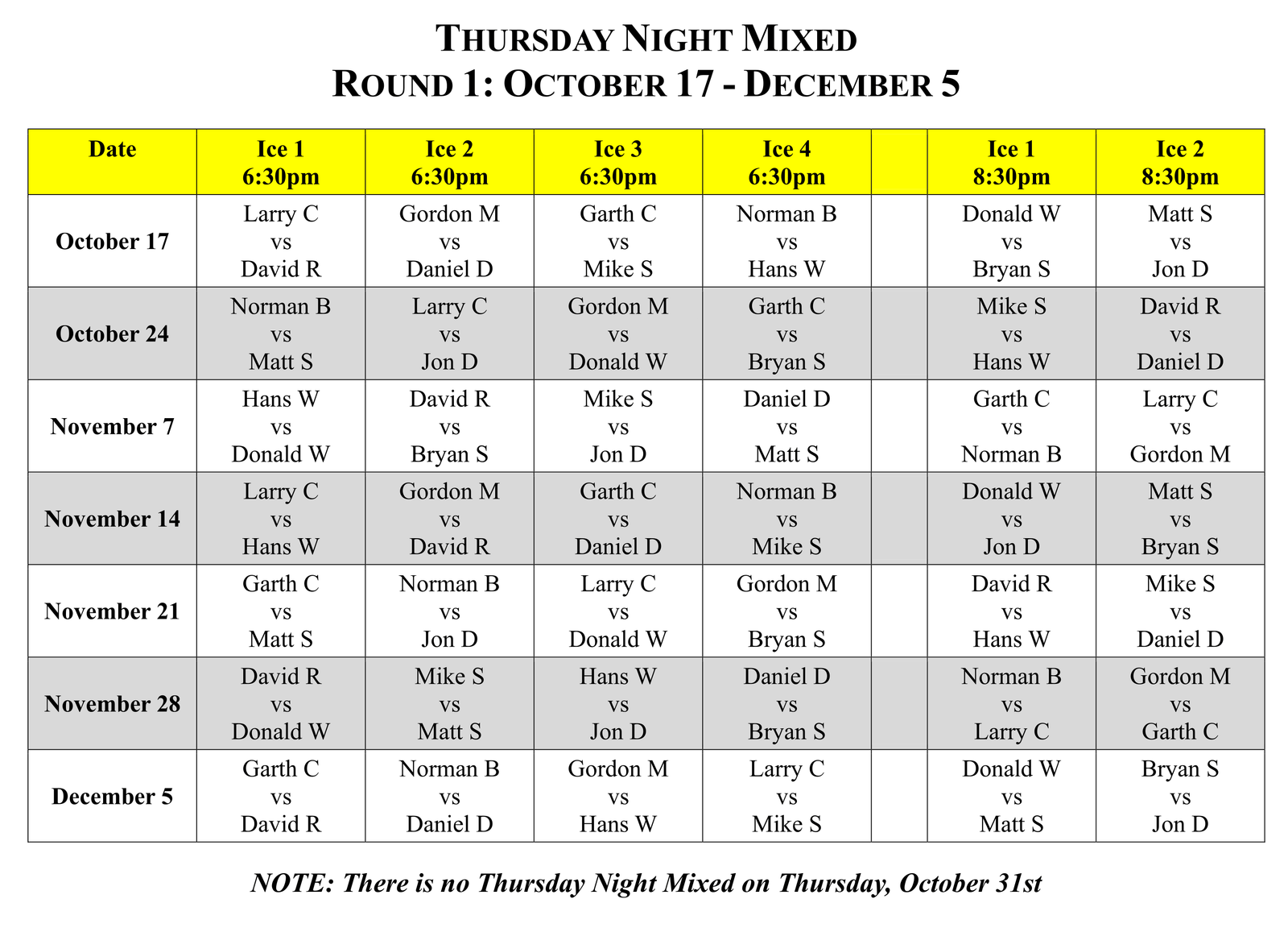 Thursday Mixed Round 1 Teams and Draw Schedule! | Cornwall Curling Club