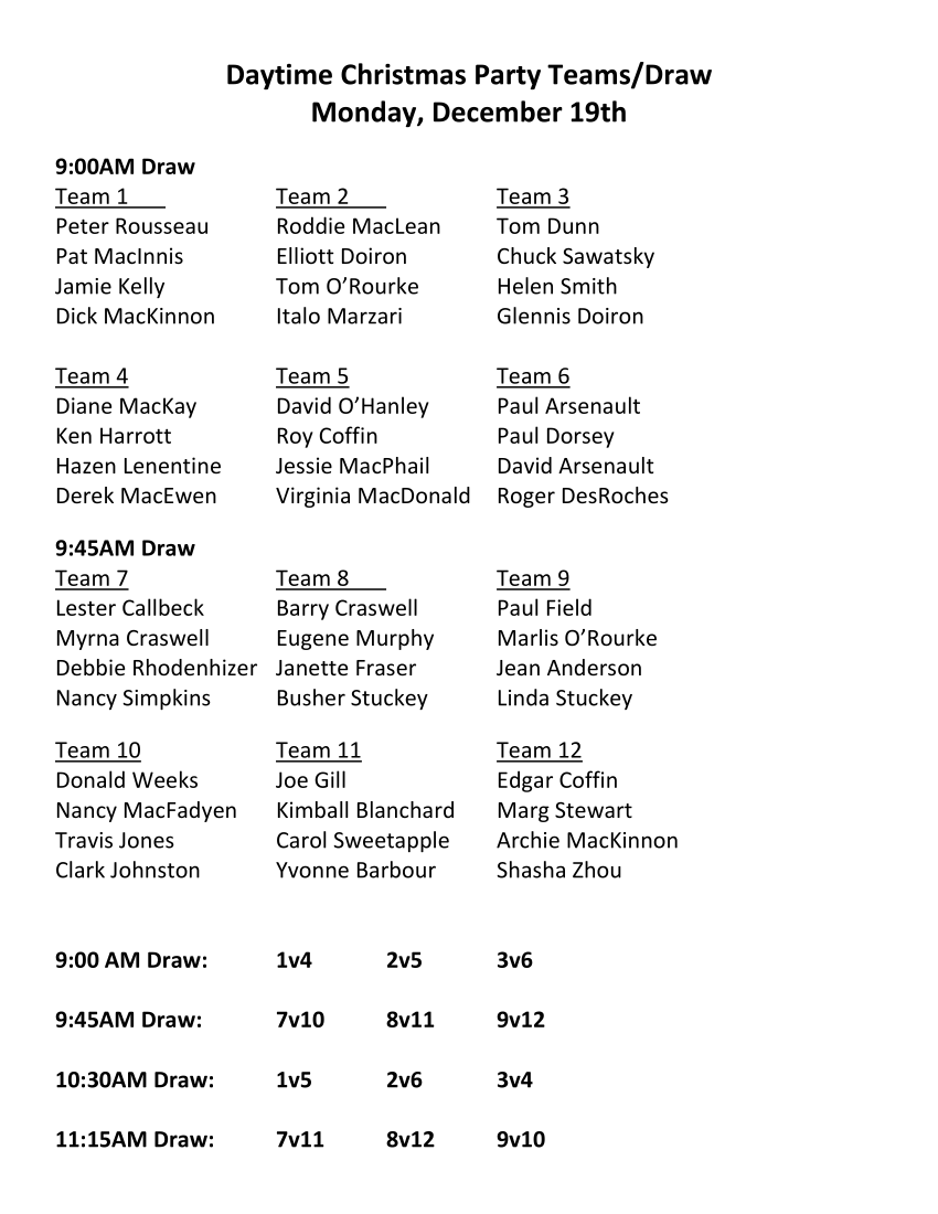 Daytime Christmas Party Teams/Draw | Cornwall Curling Club